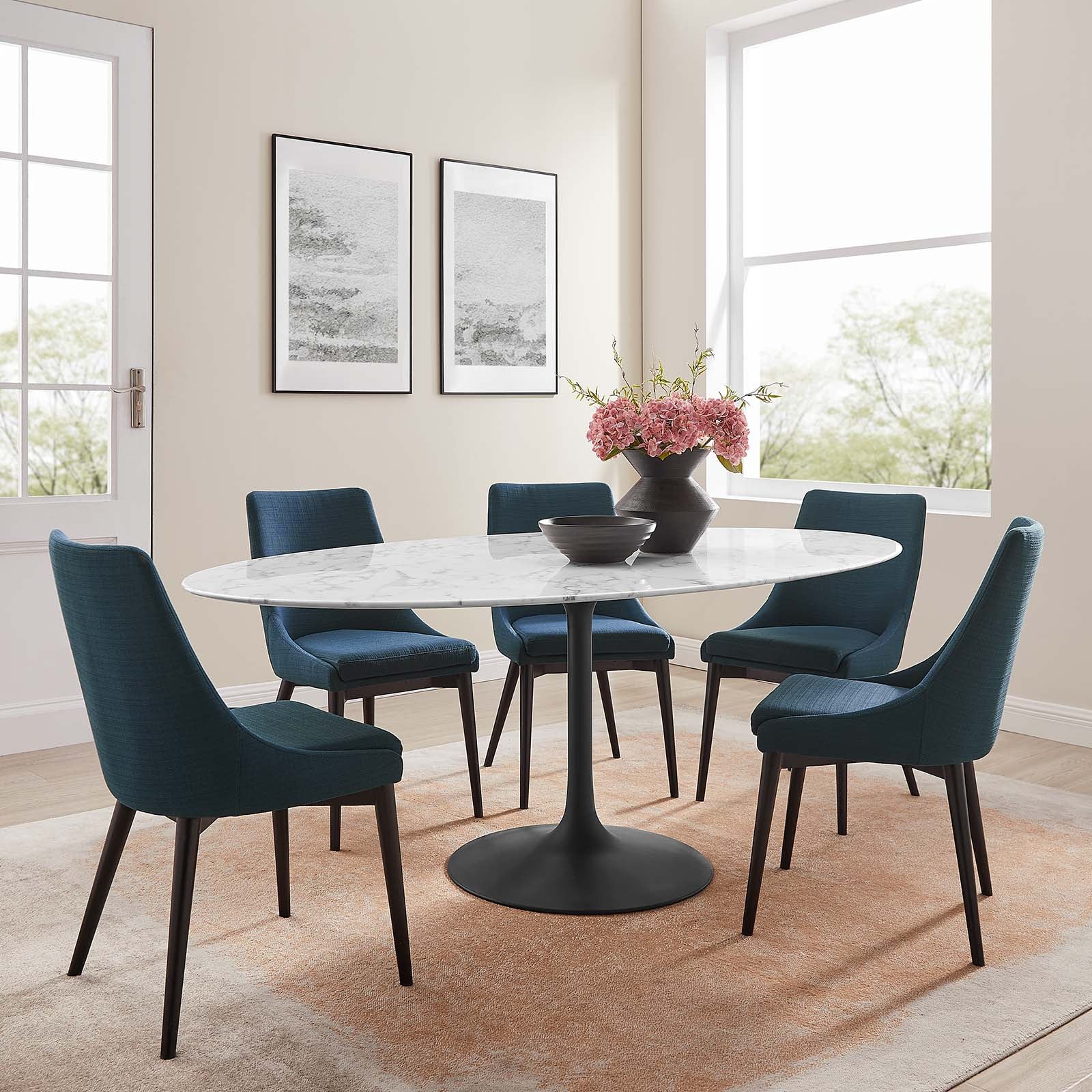 Tulip Oval Artificial Marble Top Dining Table With Black Base 78